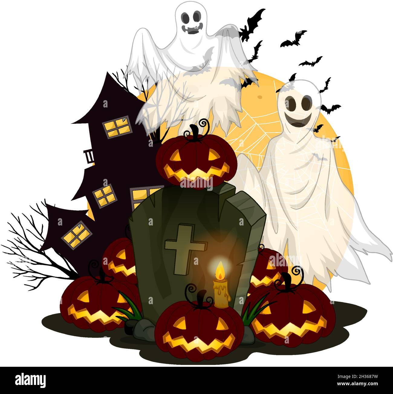 Halloween Ghosts with Jack-o'-lantern and Haunted house illustration ...