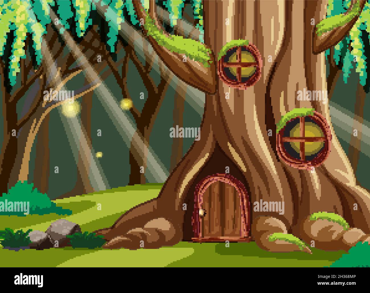 Forest scene with tree house inside the tree trunk illustration Stock ...