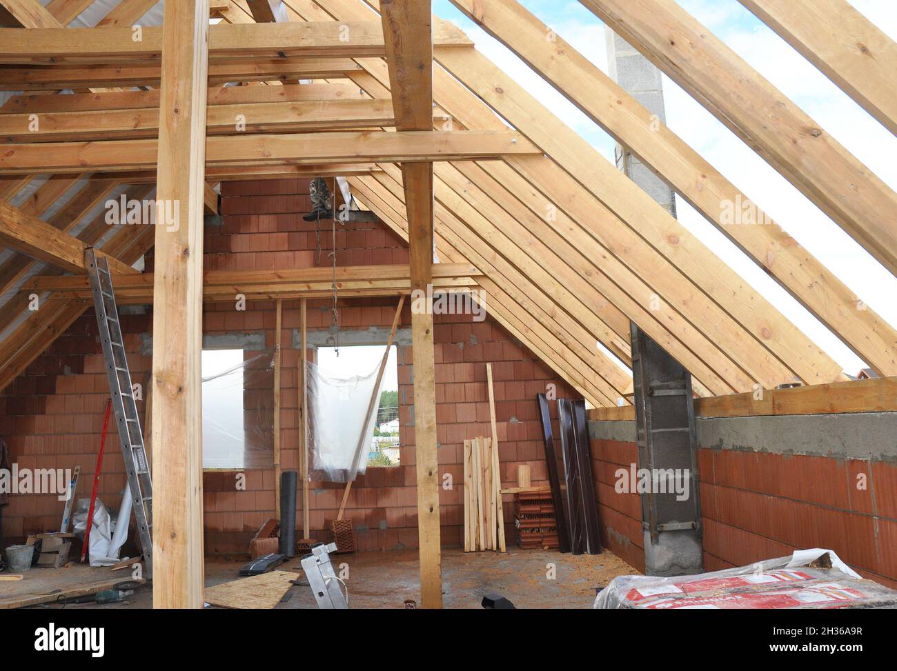 Building Attic Interior. Roofing Construction Indoor. Wooden Roof Frame ...