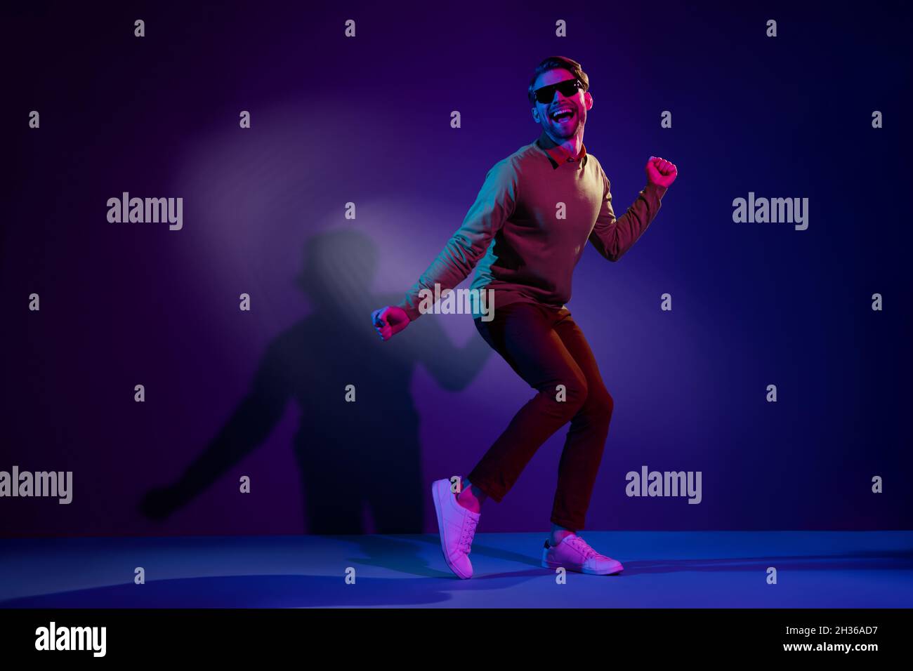 Full length body size side profile photo guy cheerful dancing party in ...