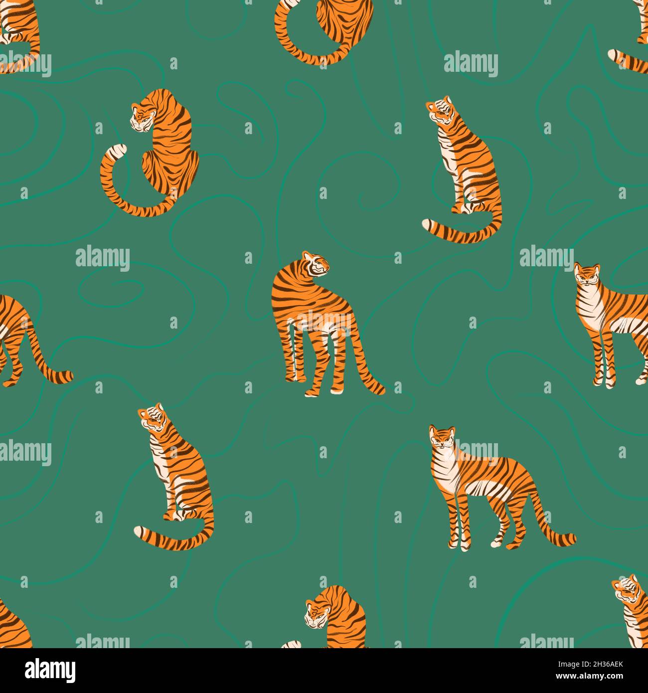 Seamless pattern with tigers on a green background. Fashionable fabric ...