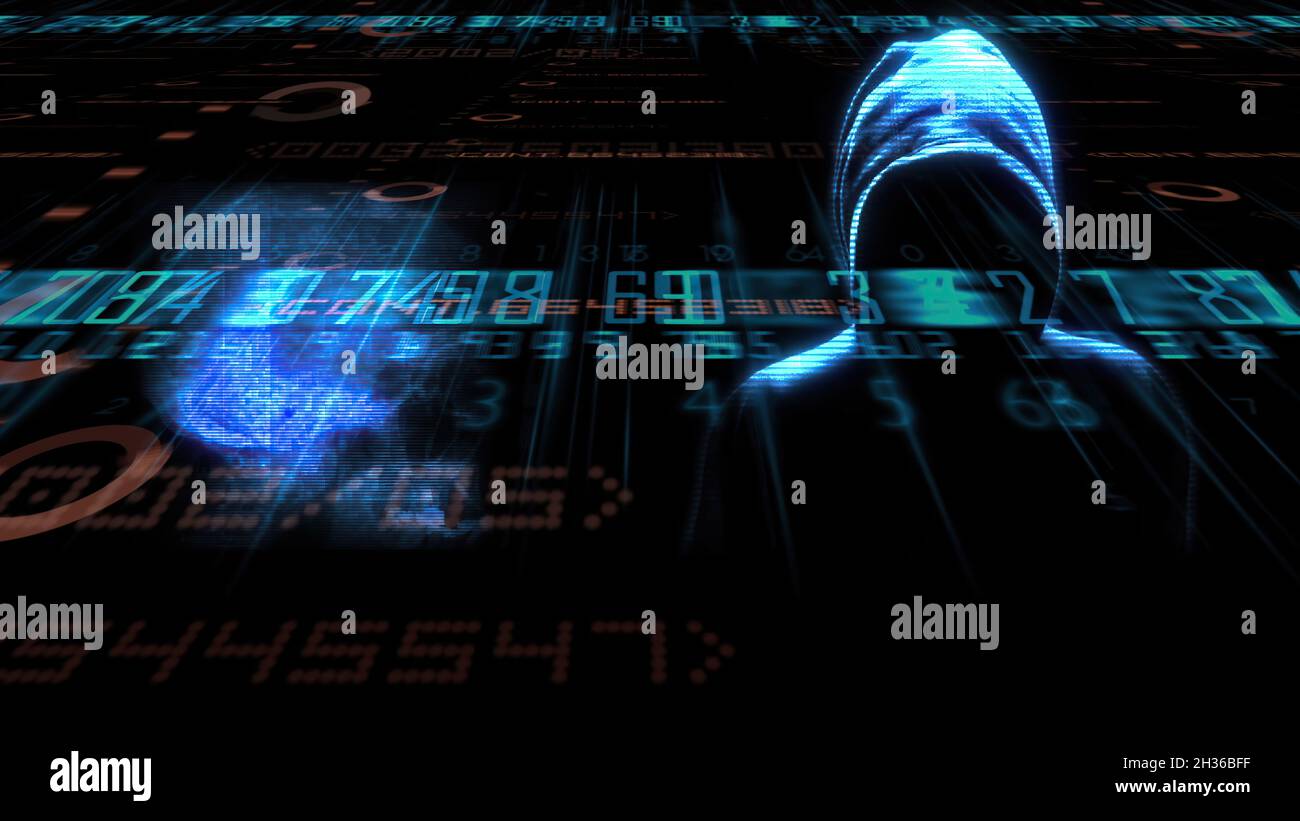 3d Illustration Hooded Hacker Attacking Data Server Hacker Stealing