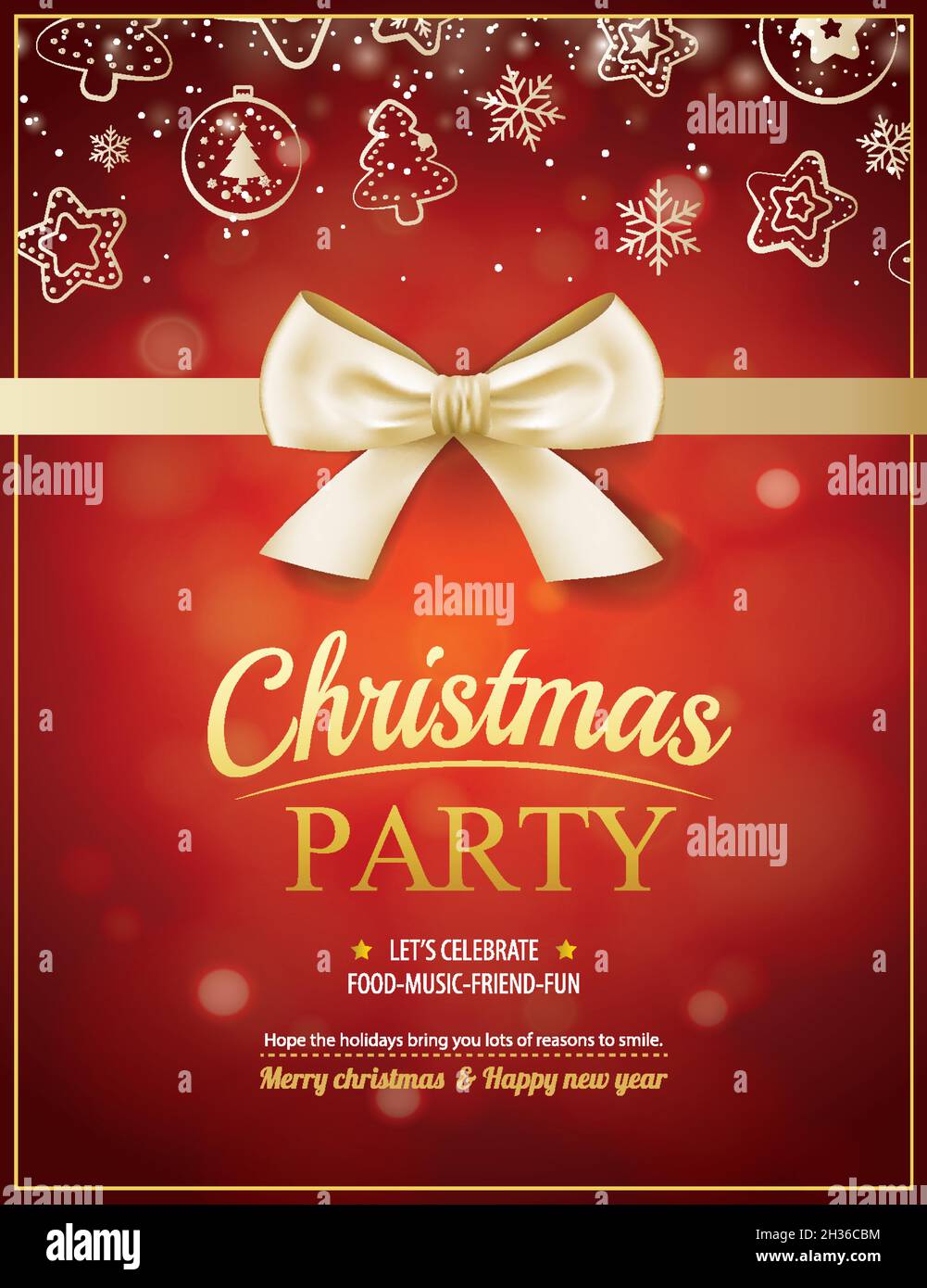 Merry Christmas Party And Gold Ribbon On Red Background Invitation
