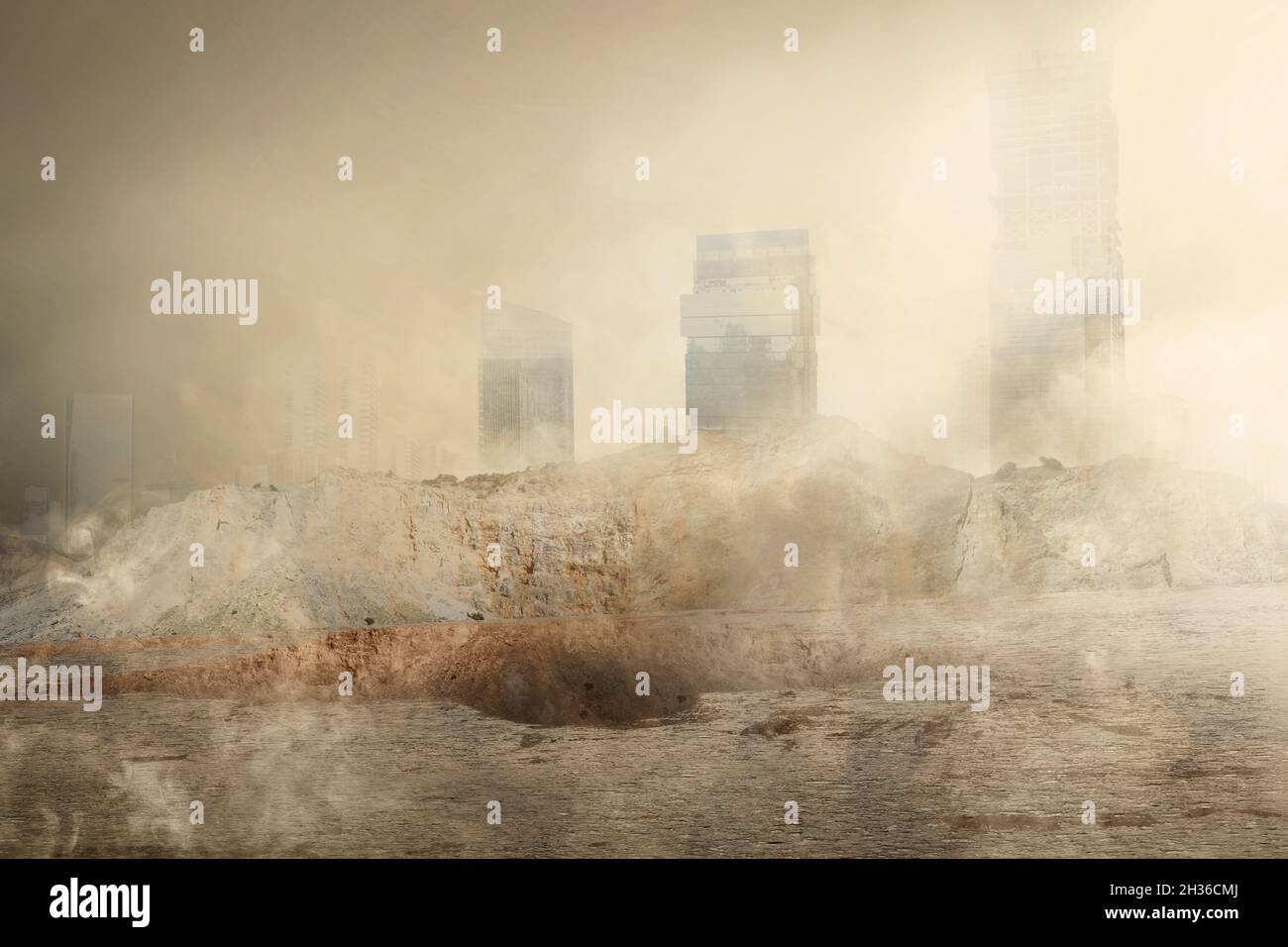 Spooky rock hills with foggy background Stock Photo - Alamy