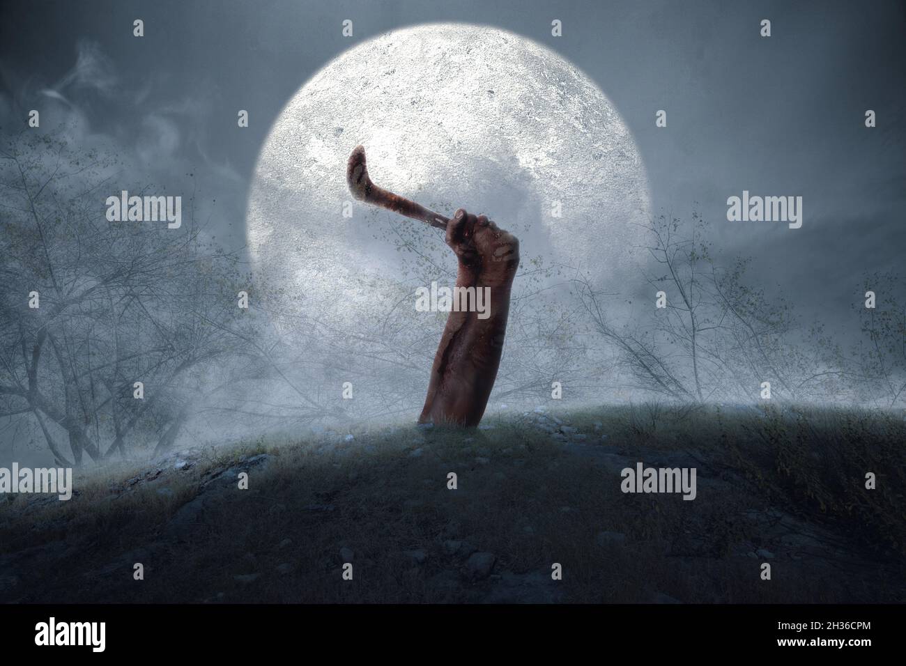Zombie hand with blood and wound holding sickle raised from the ground ...