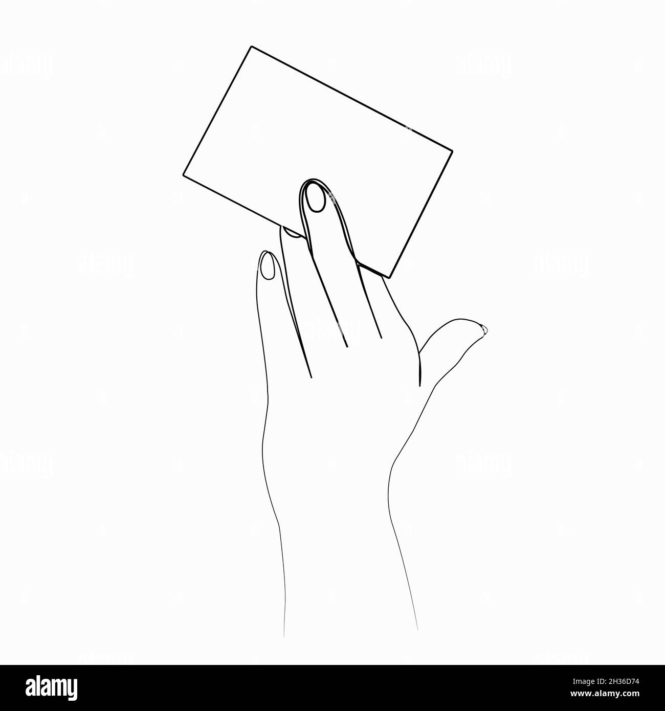 Hand holds a card. Drawn with one continuous line. Isolated stock ...