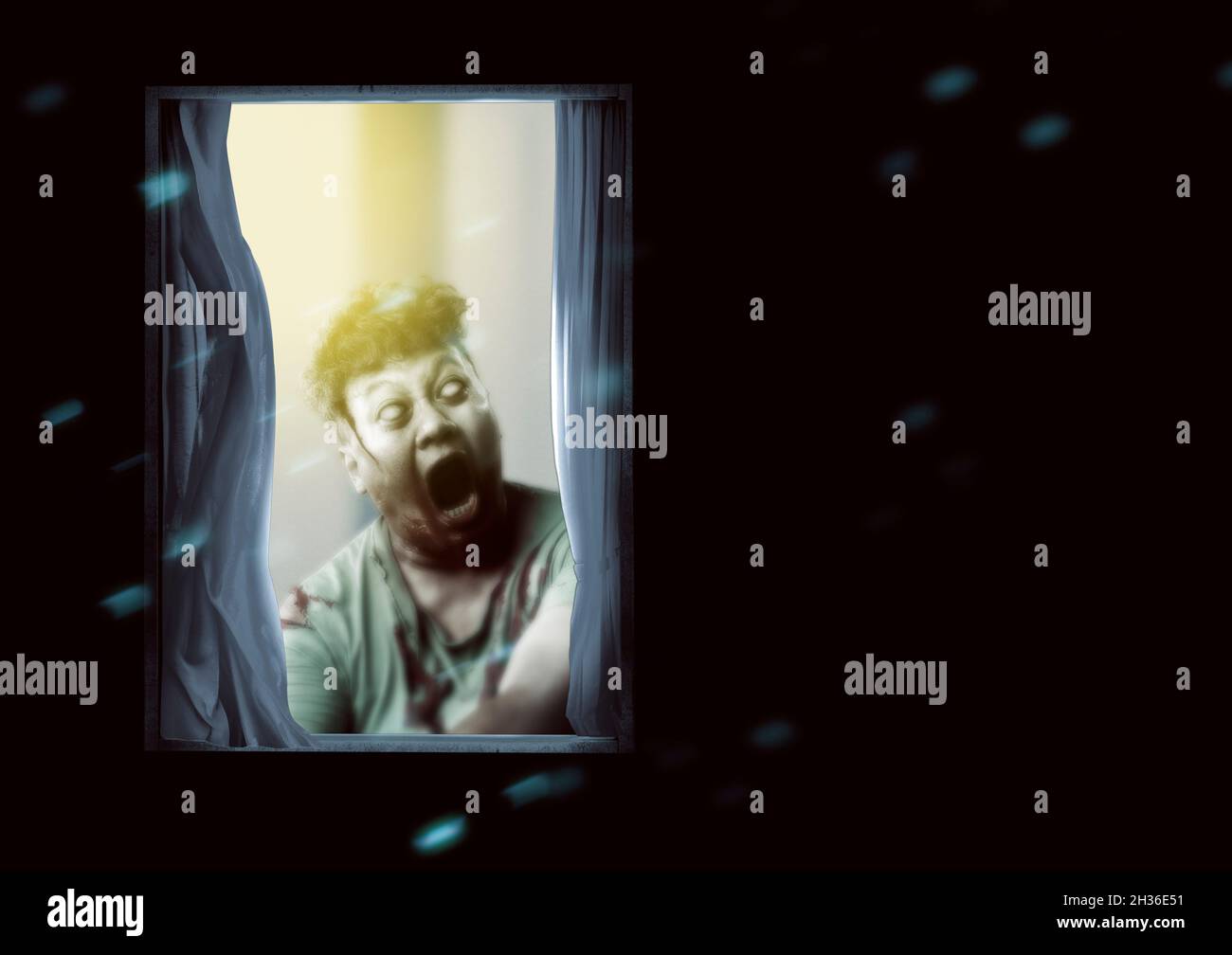 Scary zombie with blood and wound on his body standing on the window ...