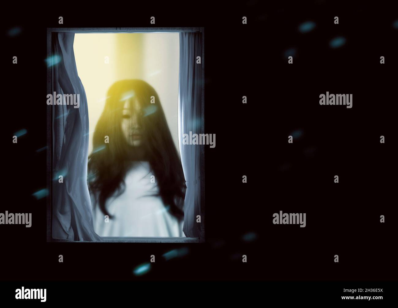 Scary ghost woman standing on the window. Halloween concept Stock Photo ...