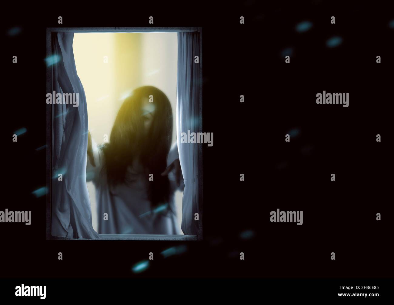 Scary ghost woman standing on the window. Halloween concept Stock Photo ...