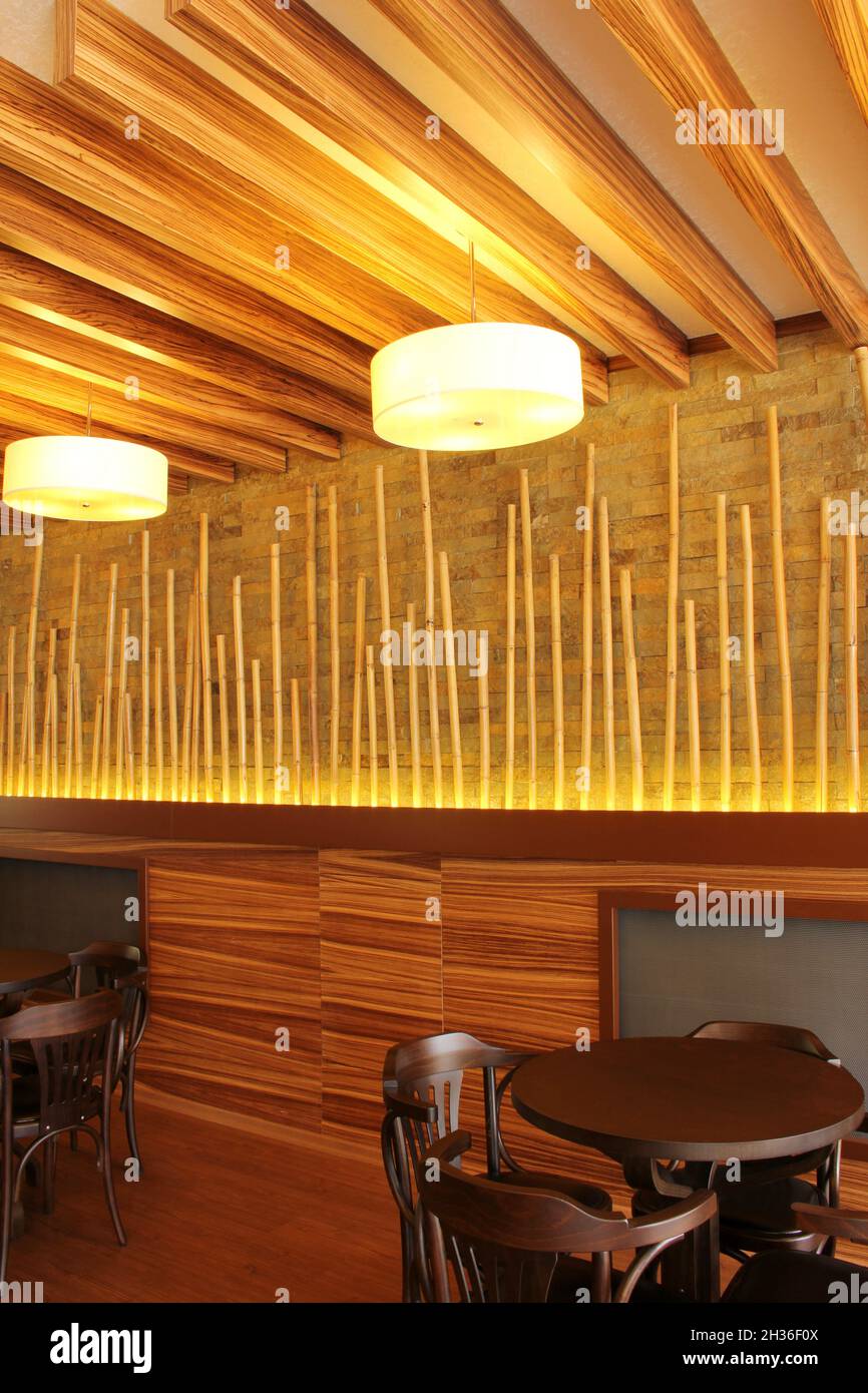 wooden decoration, modern cafe interior view Stock Photo - Alamy