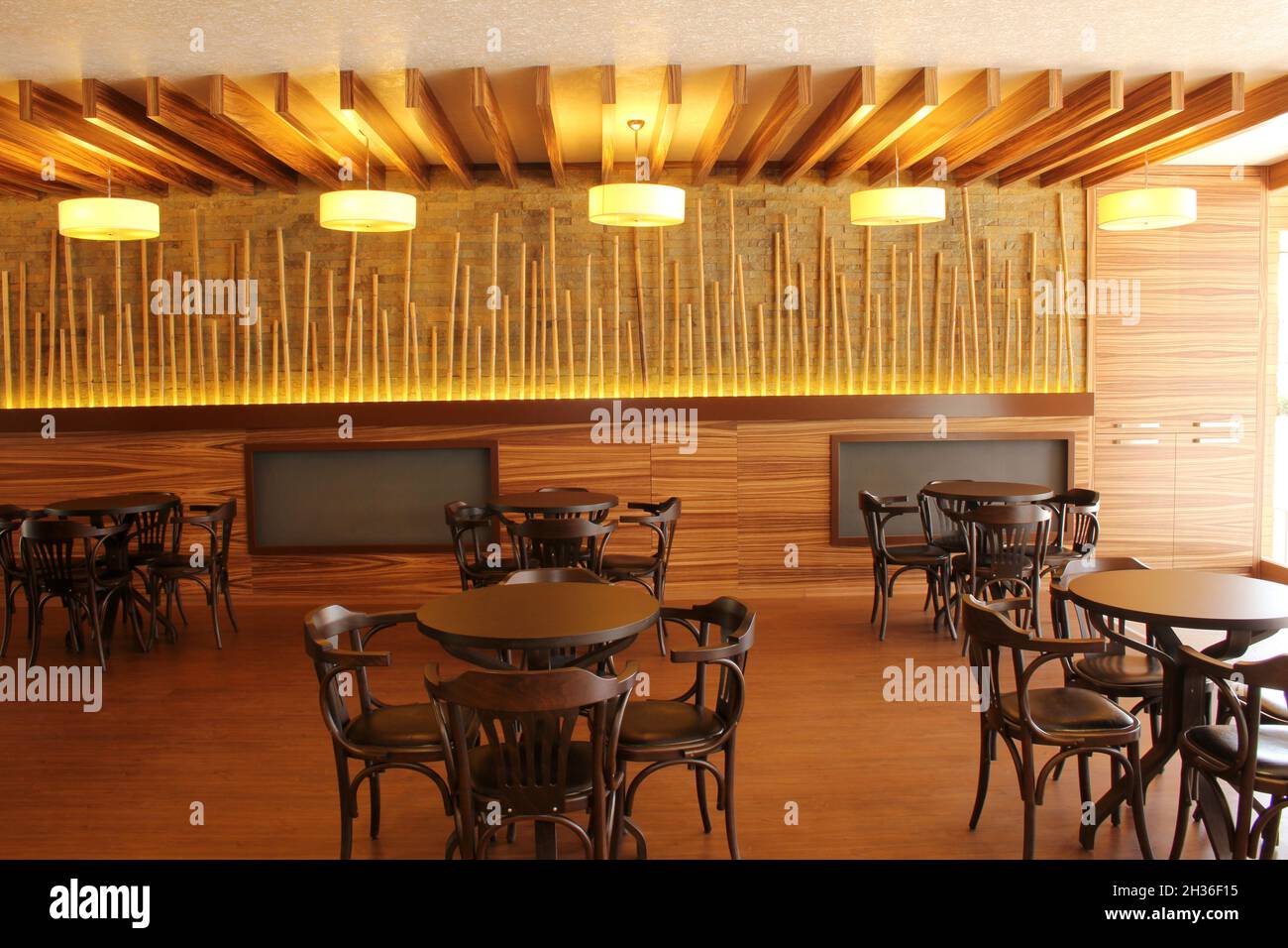 wooden decoration, modern cafe interior view Stock Photo - Alamy