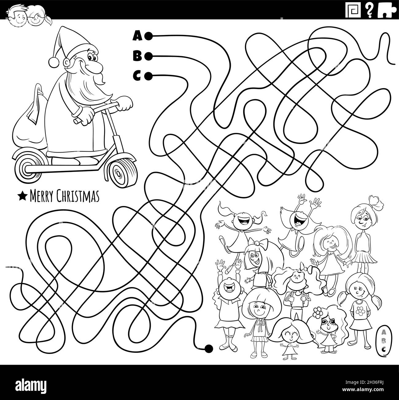 Black and white cartoon illustration of lines maze puzzle game with Santa Claus character on ...