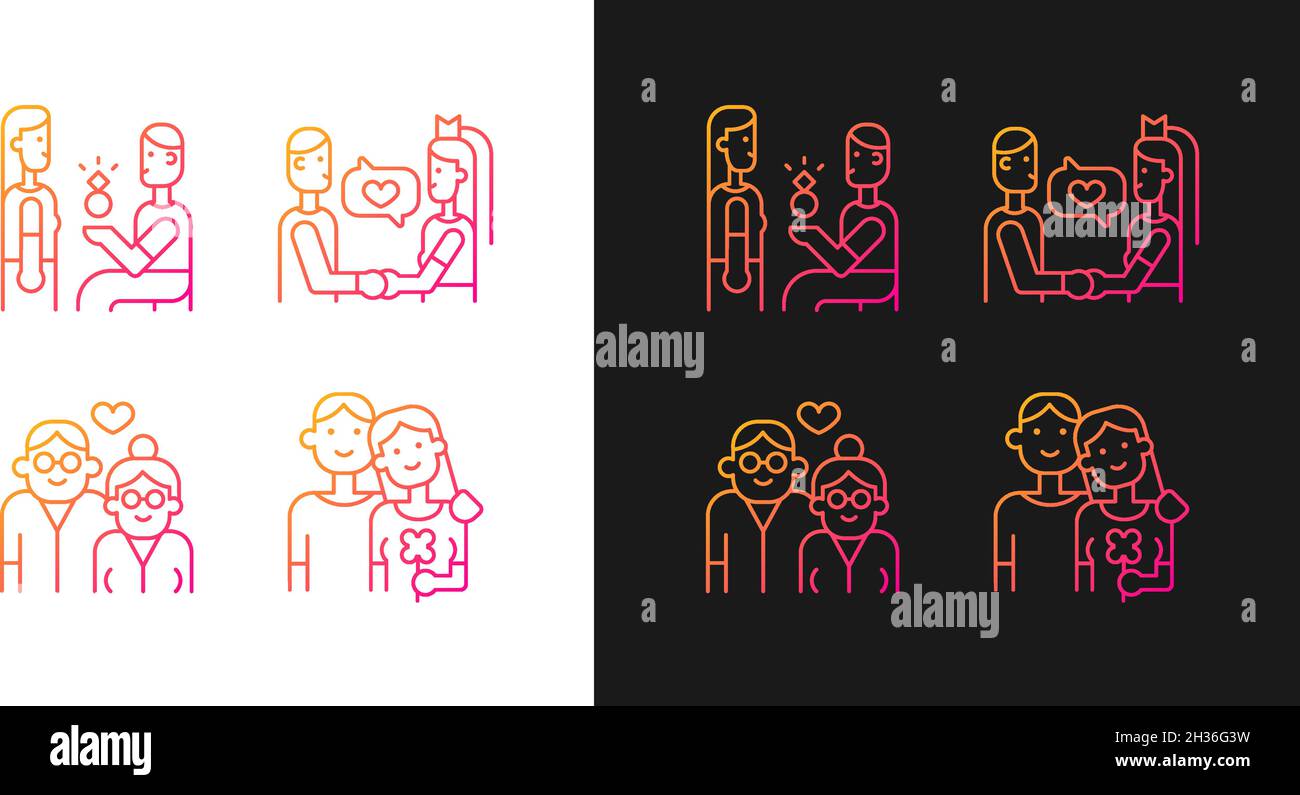 Stages of romantic relationship gradient icons set for dark and light ...