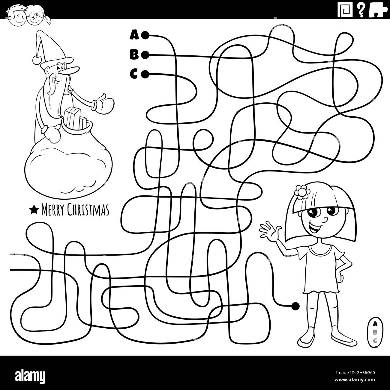 Black and white cartoon illustration of lines maze puzzle game with ...