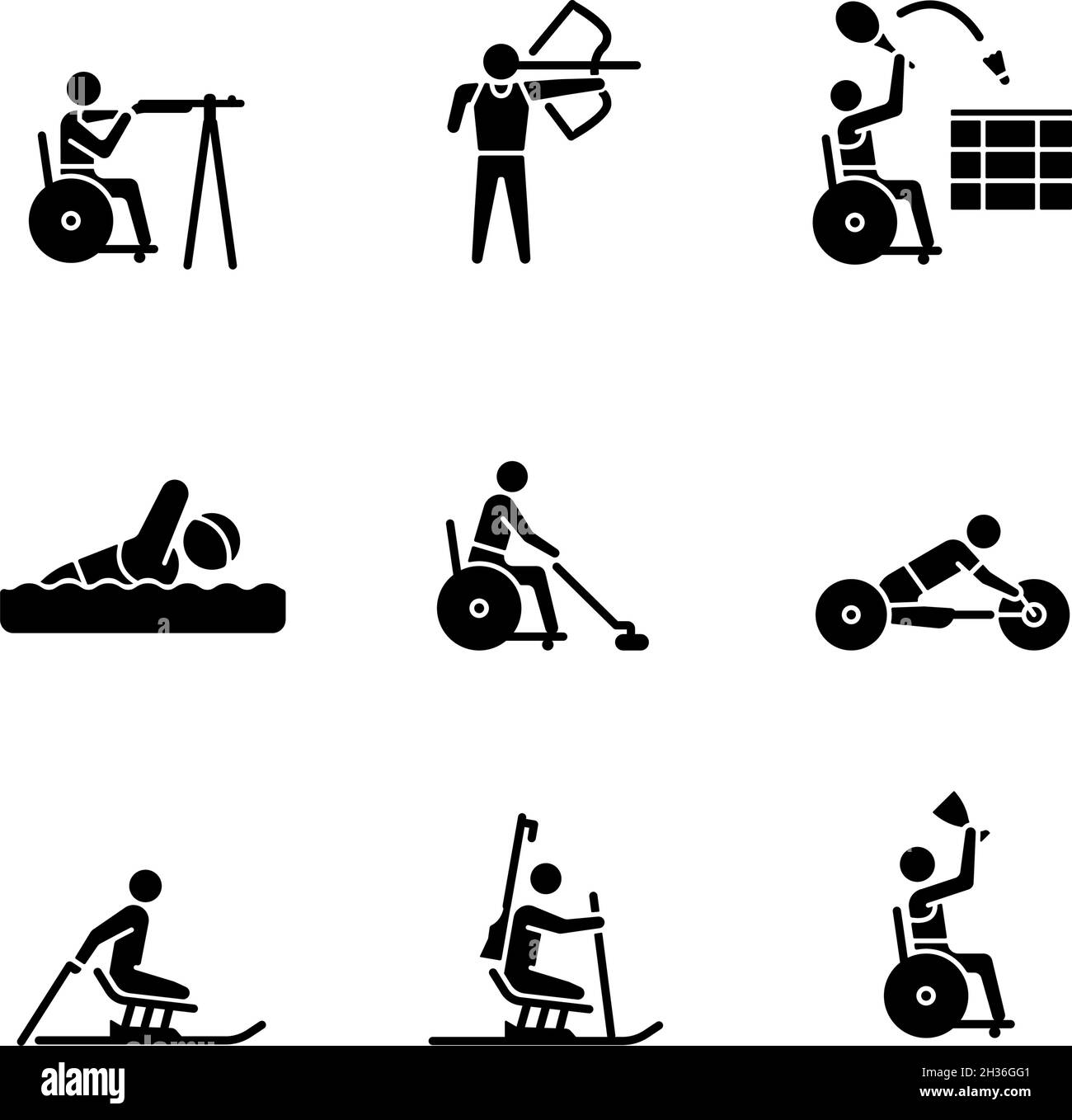 Athletes with disabilities black glyph icons set on white space Stock ...