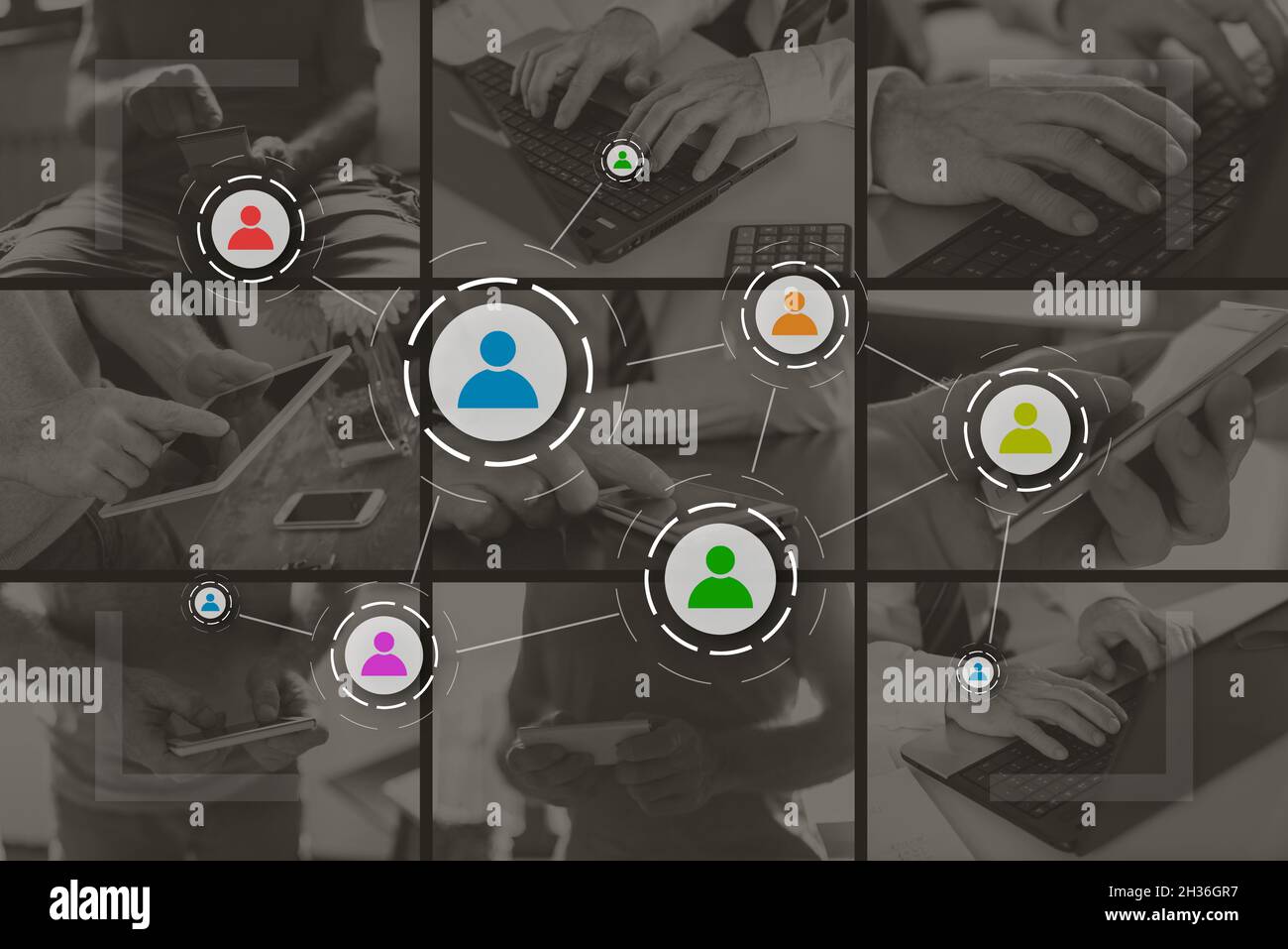 Social media and teamwork concept illustrated by pictures on background ...