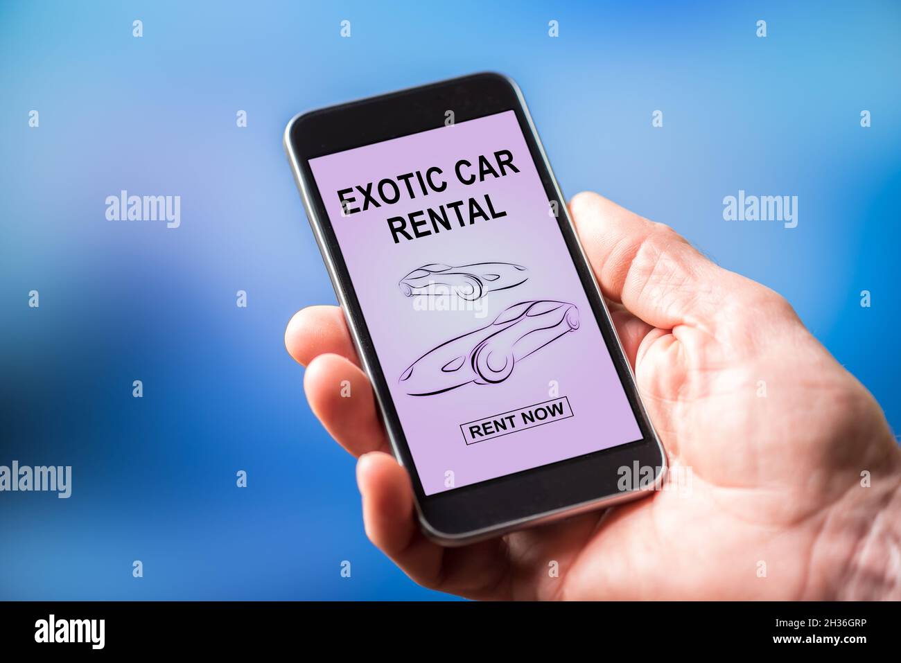 Smartphone screen displaying an exotic car rental concept Stock Photo ...