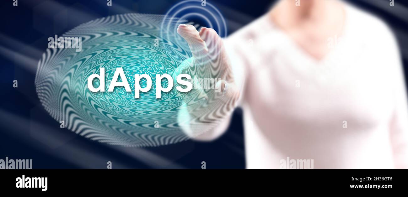 Woman touching a dapps concept on a touch screen with her fingers Stock ...