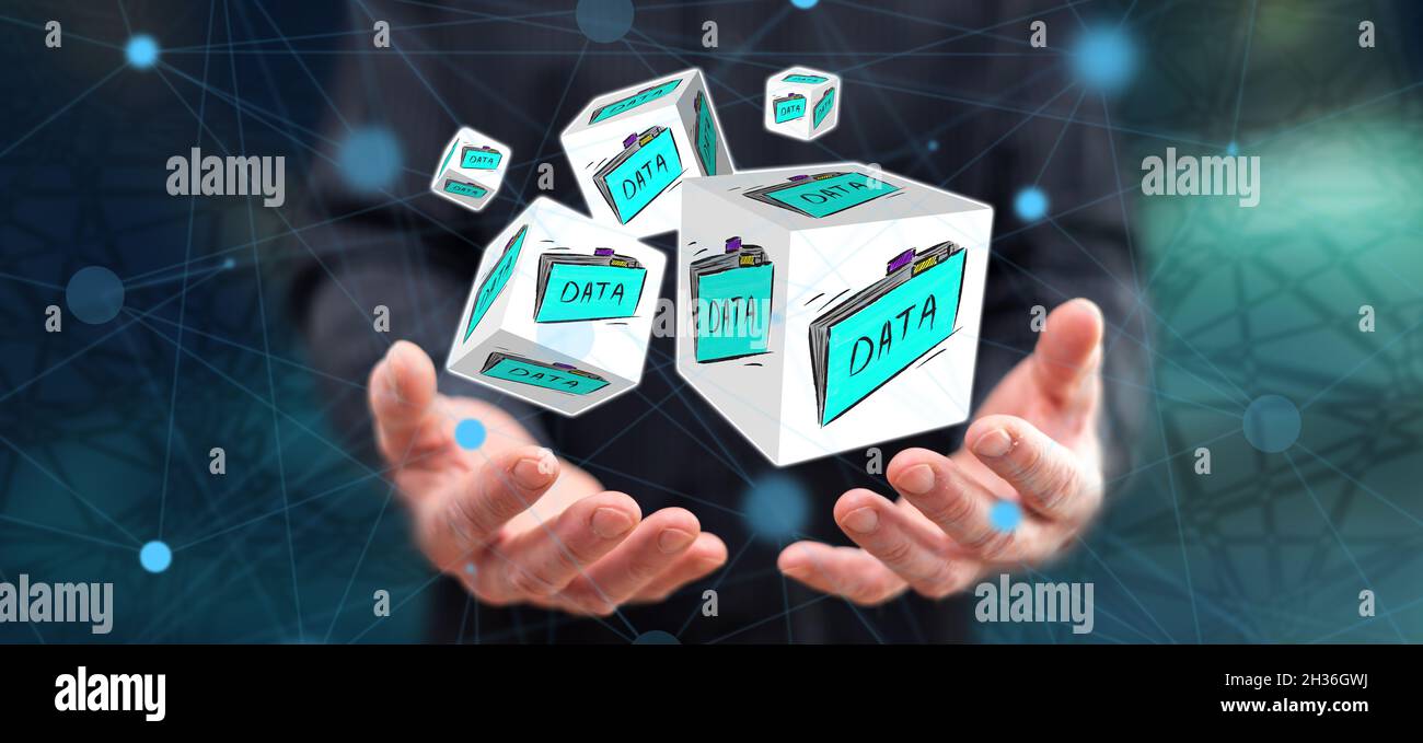 Data concept above the hands of a man in background Stock Photo - Alamy
