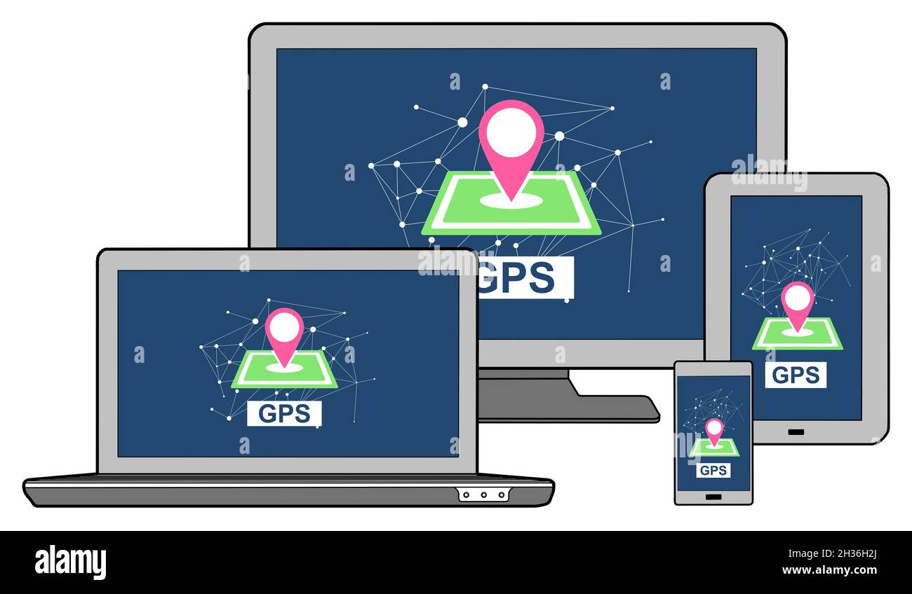 Gps concept shown on different information technology devices Stock ...