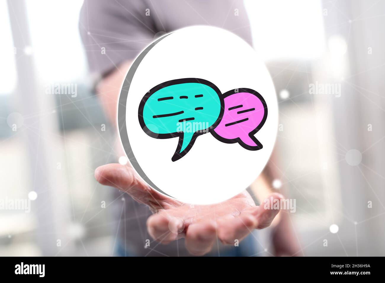 Communication concept above the hand of a man in background Stock Photo ...