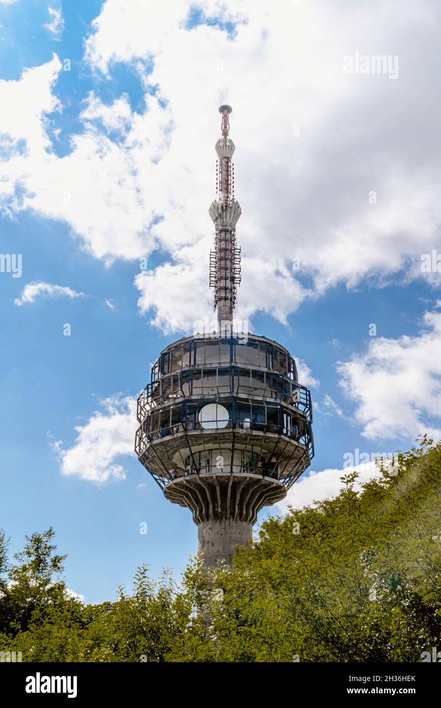 destroyed hum tower sarajevo in background blue sky Stock Photo - Alamy
