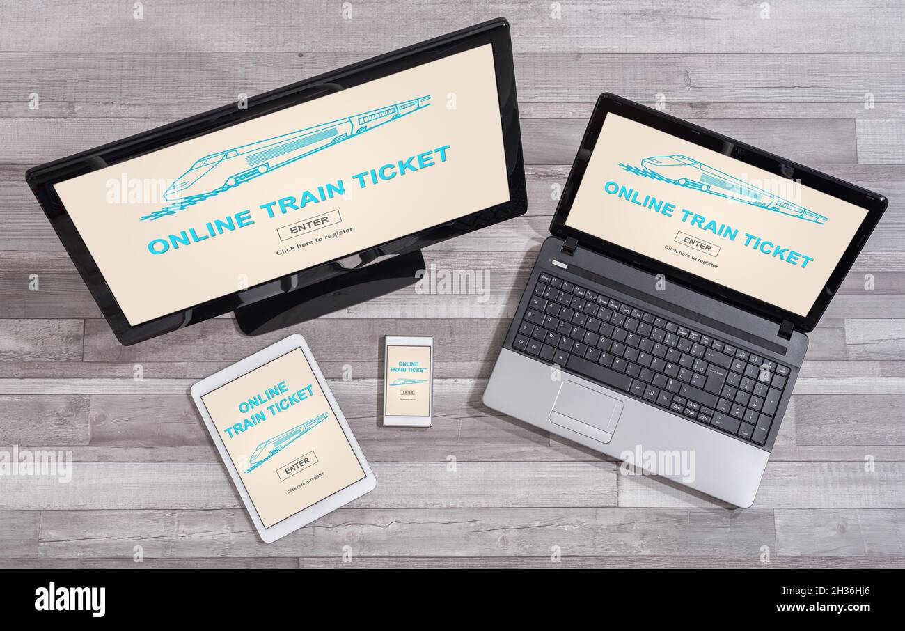 Online train ticket concept shown on different information technology ...