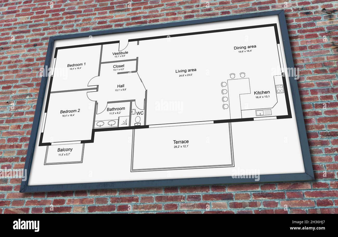 Apartment plan concept drawn on a billboard fixed on a brick wall Stock ...