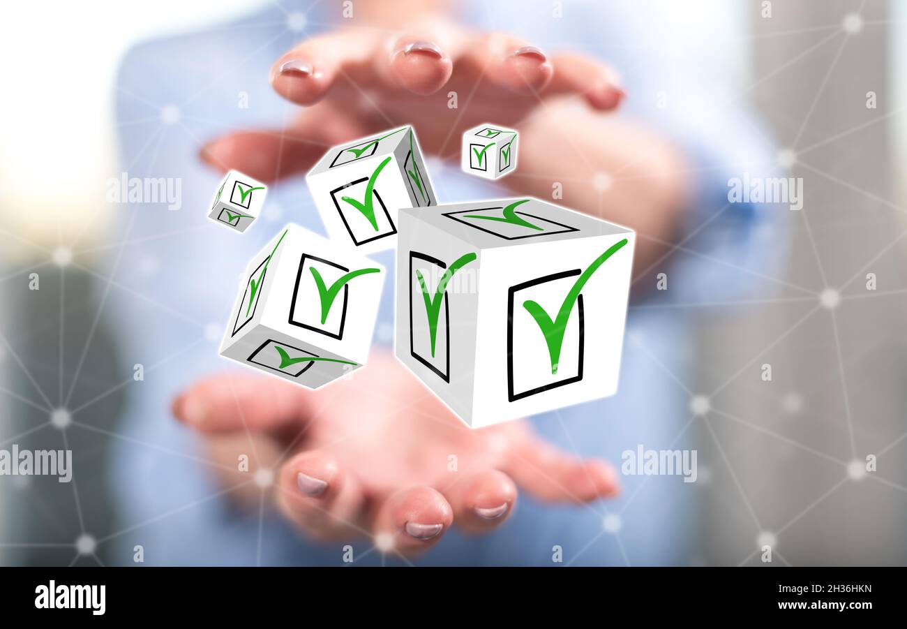 Validation concept between hands of a woman in background Stock Photo ...