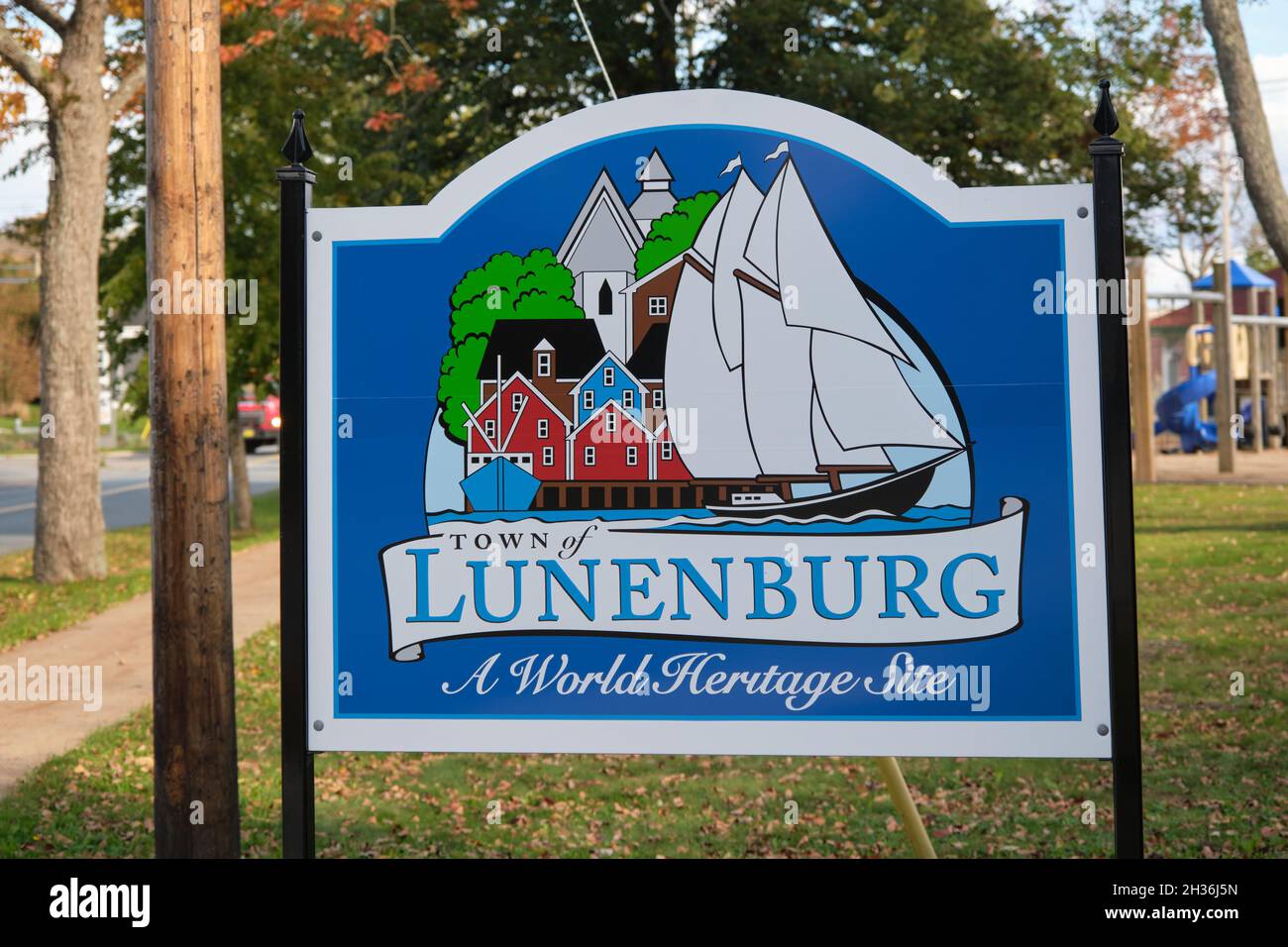 Sign welcoming visitors at the entrance of the Town of Lunenburg, Nova ...