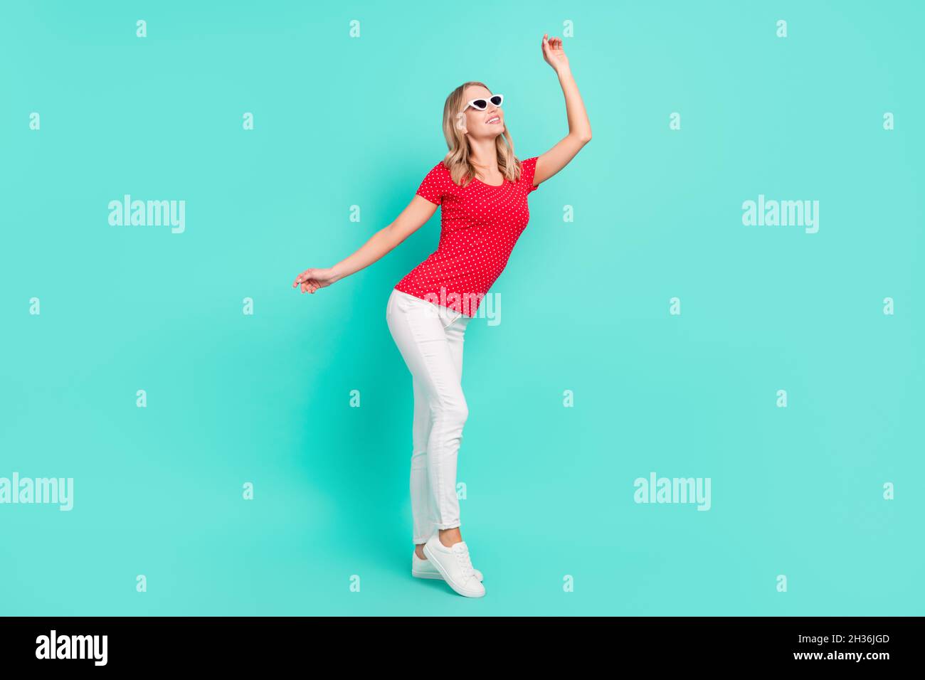 Full length body size photo woman dancing wearing stylish sunglass ...