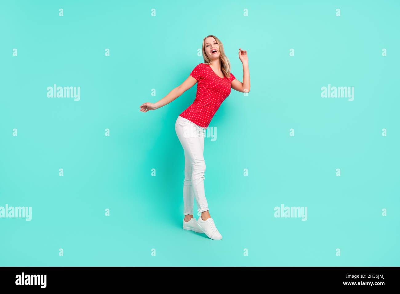 Full Length Body Size Photo Woman Dancing Looking Empty Space Isolated