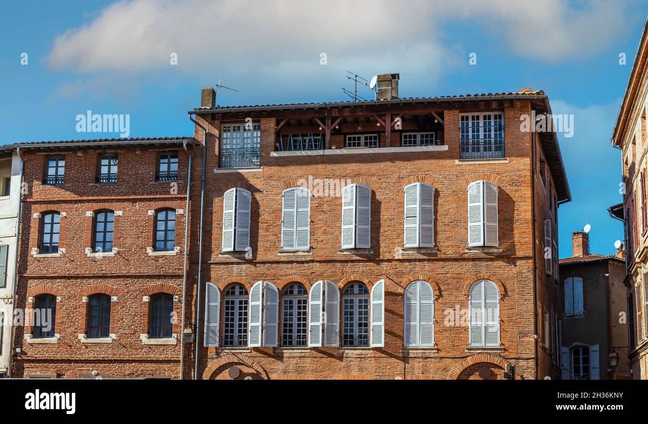 Typical facades of the historic center of the city of Albi, in the Tarn ...