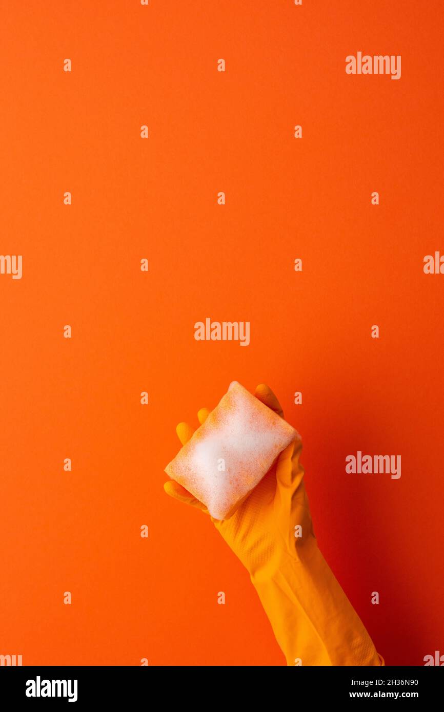 A hand in a orange protective rubber glove holds a washing sponge with ...