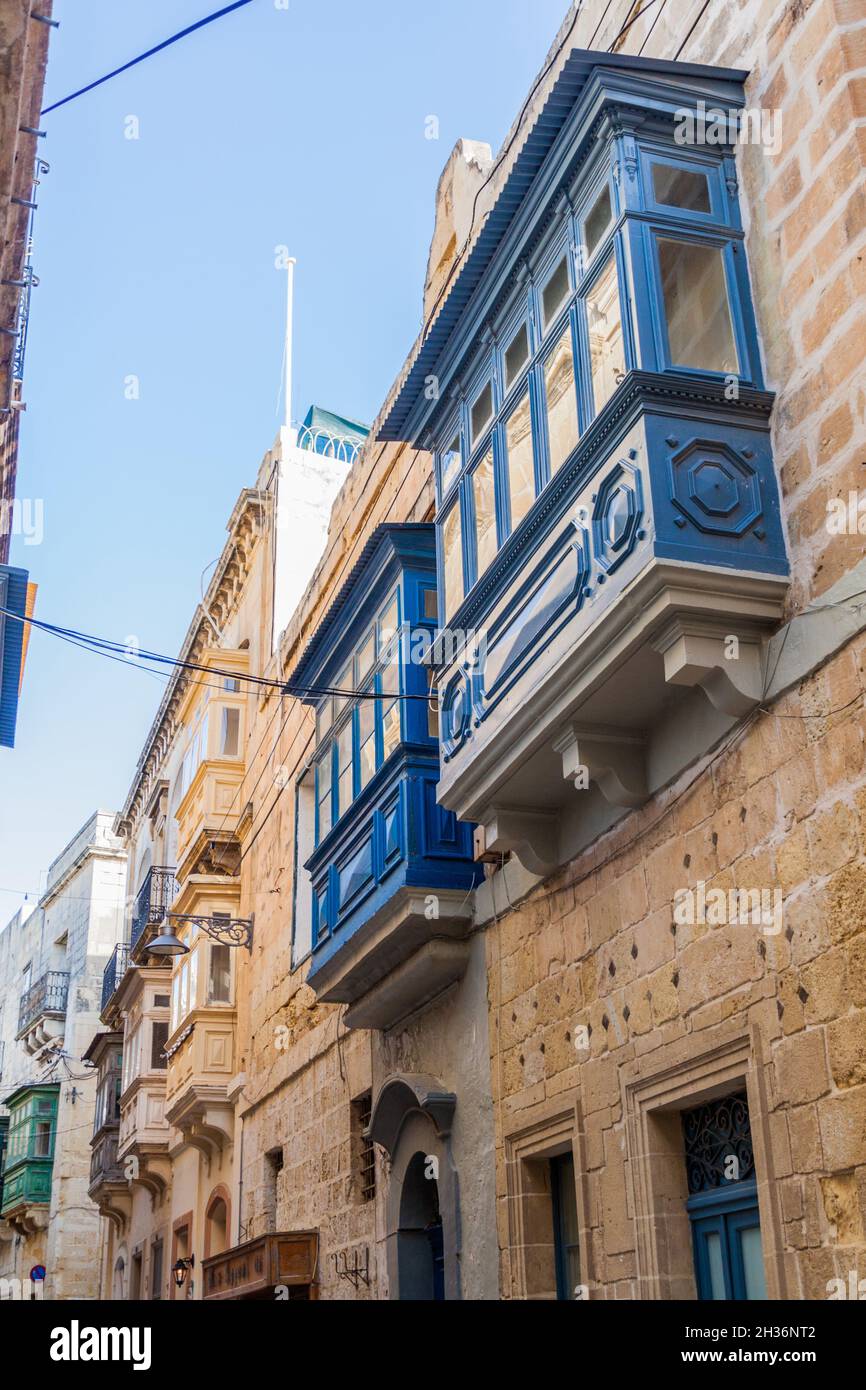 Typical Maltese balconies (gallarija) in Birgu town, Malta Stock Photo ...