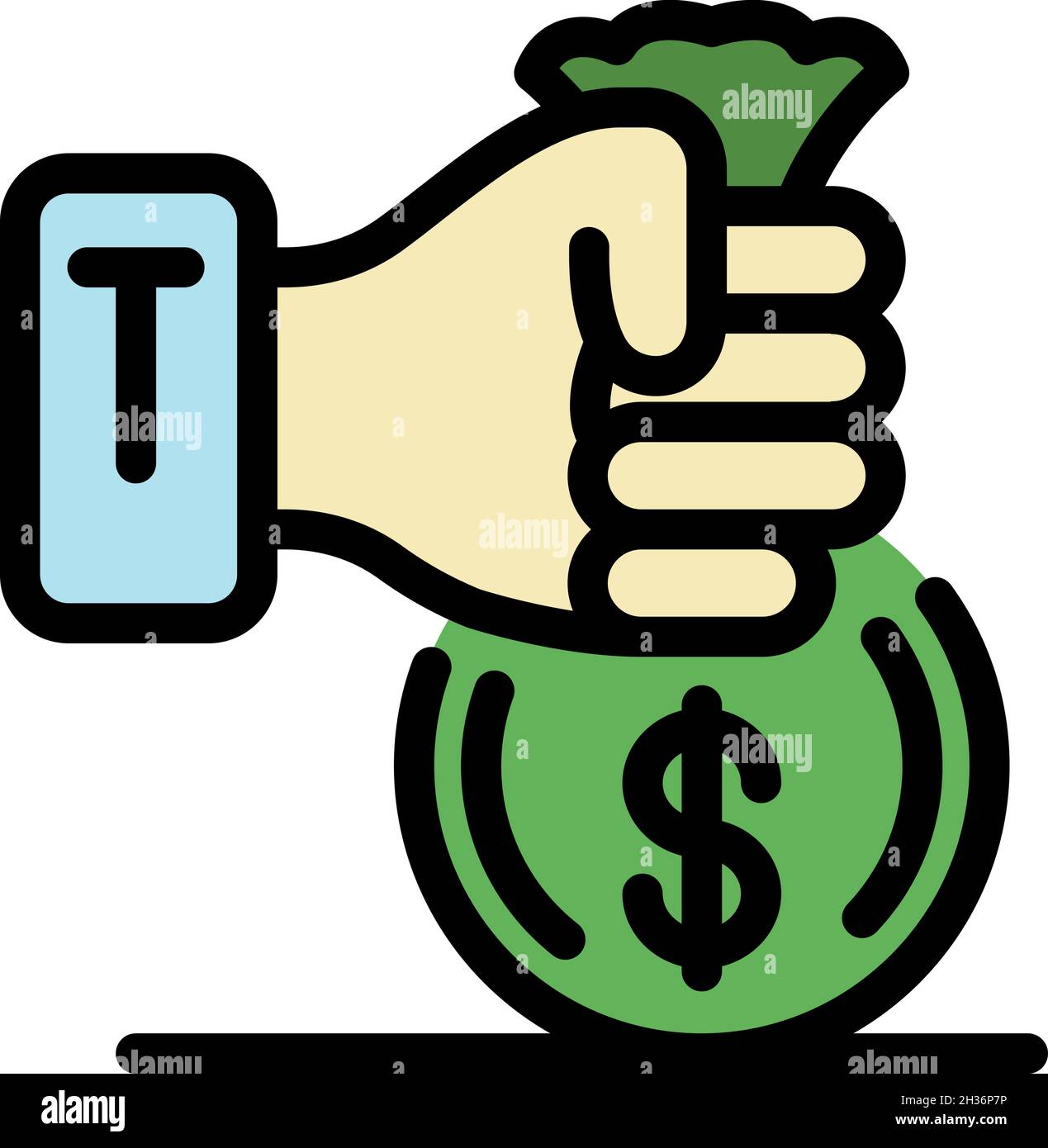 Bag of money in hand icon. Outline bag of money in hand vector icon ...
