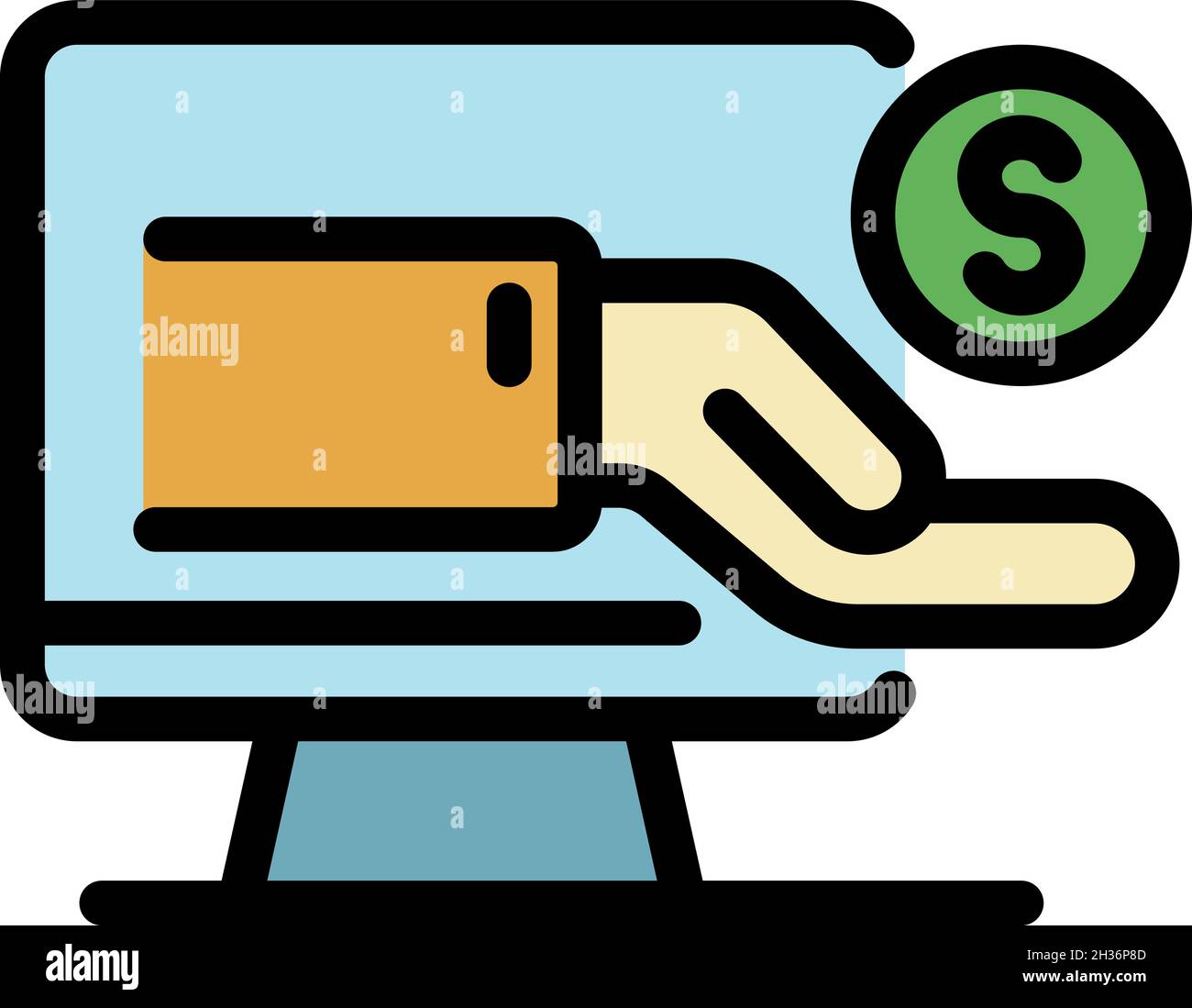 Coin on the palm of the screen icon. Outline coin on the palm of the ...