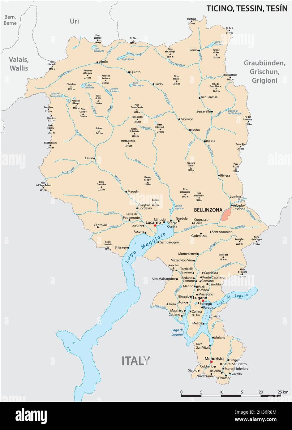 vector map of the Swiss canton of Ticino with the most important cities ...