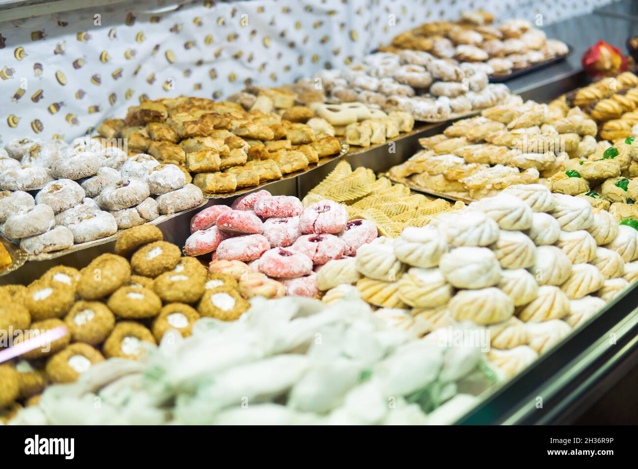 Homemade Moroccan pastries displayed in a traditional food marke Stock ...