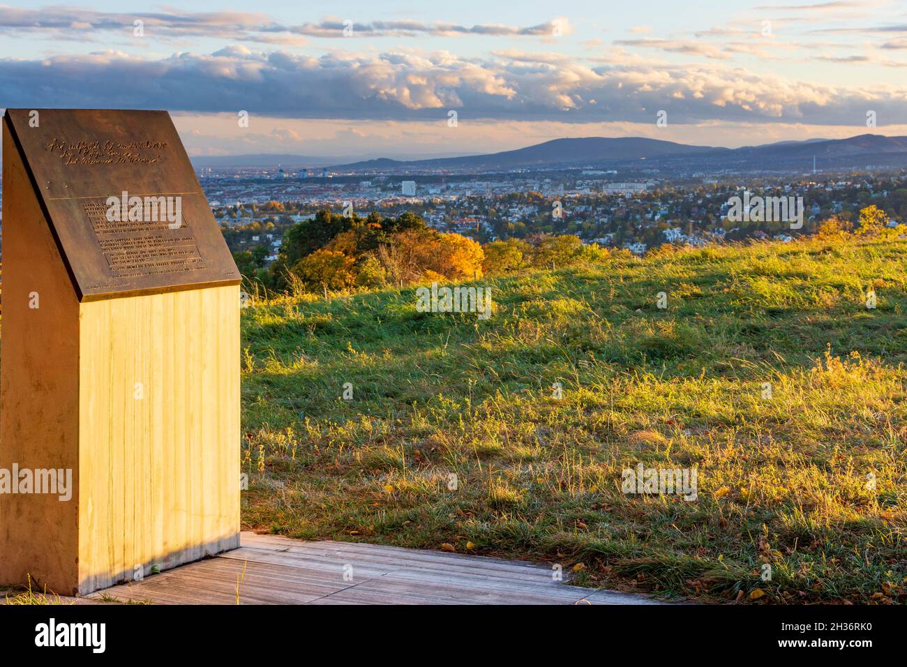 Wien, Vienna: Sigmund Freud stele, meadow Bellevuewiese, view to Vienna ...