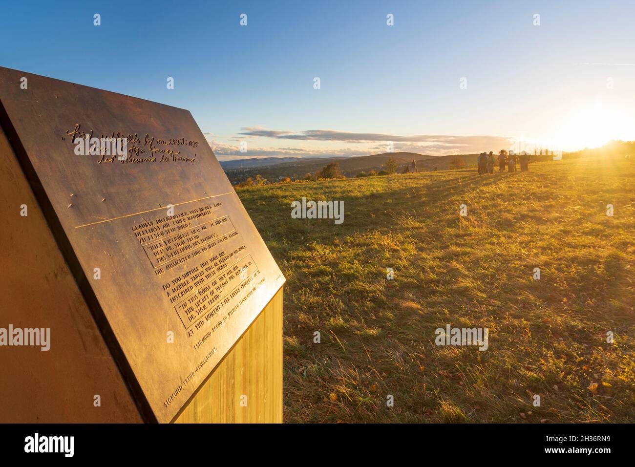 Wien, Vienna: Sigmund Freud stele, meadow Bellevuewiese, view to Vienna ...