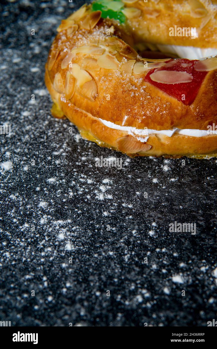 Roscon de reyes, top view of a traditional Spanish Three Kings cake ...