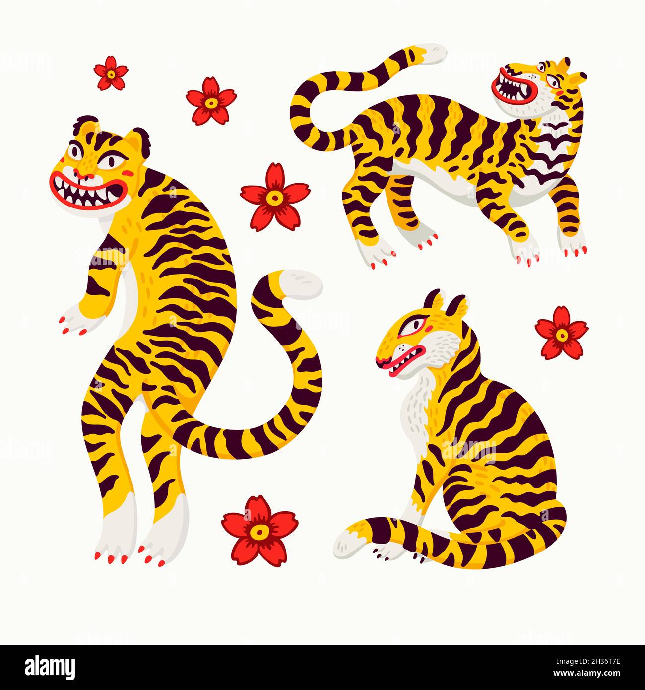 Tiger vector set, tigers in various poses and japanese cherry blossom ...