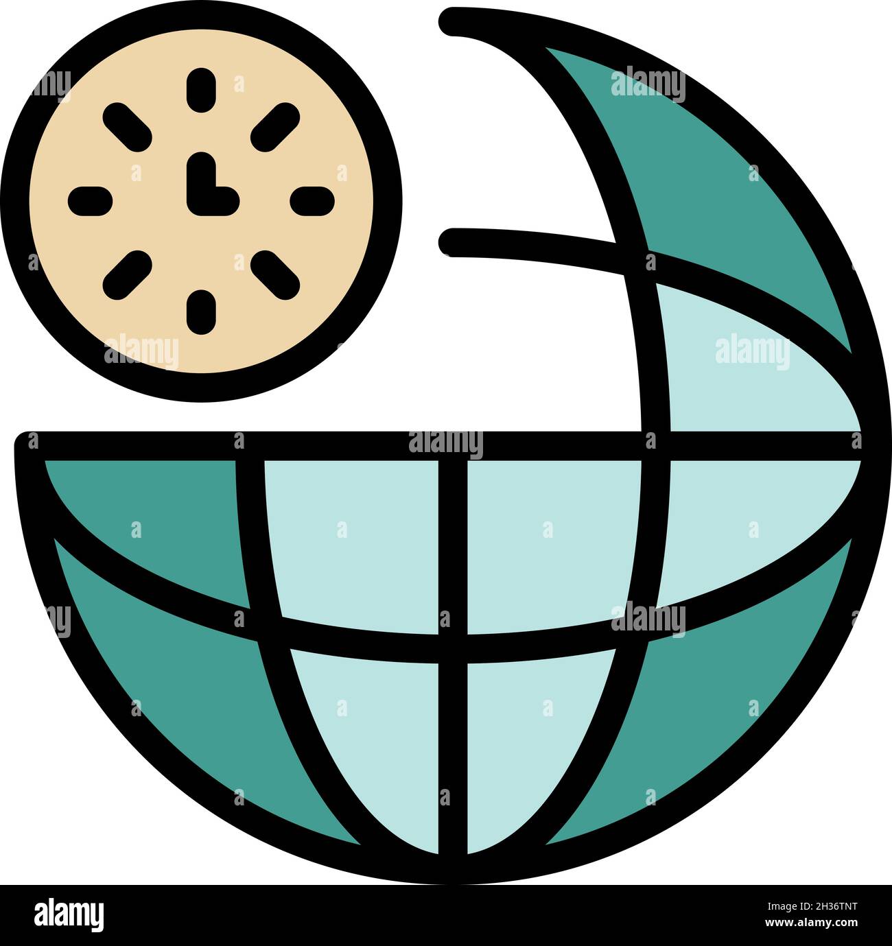 Clock and globe icon. Outline clock and globe vector icon color flat ...
