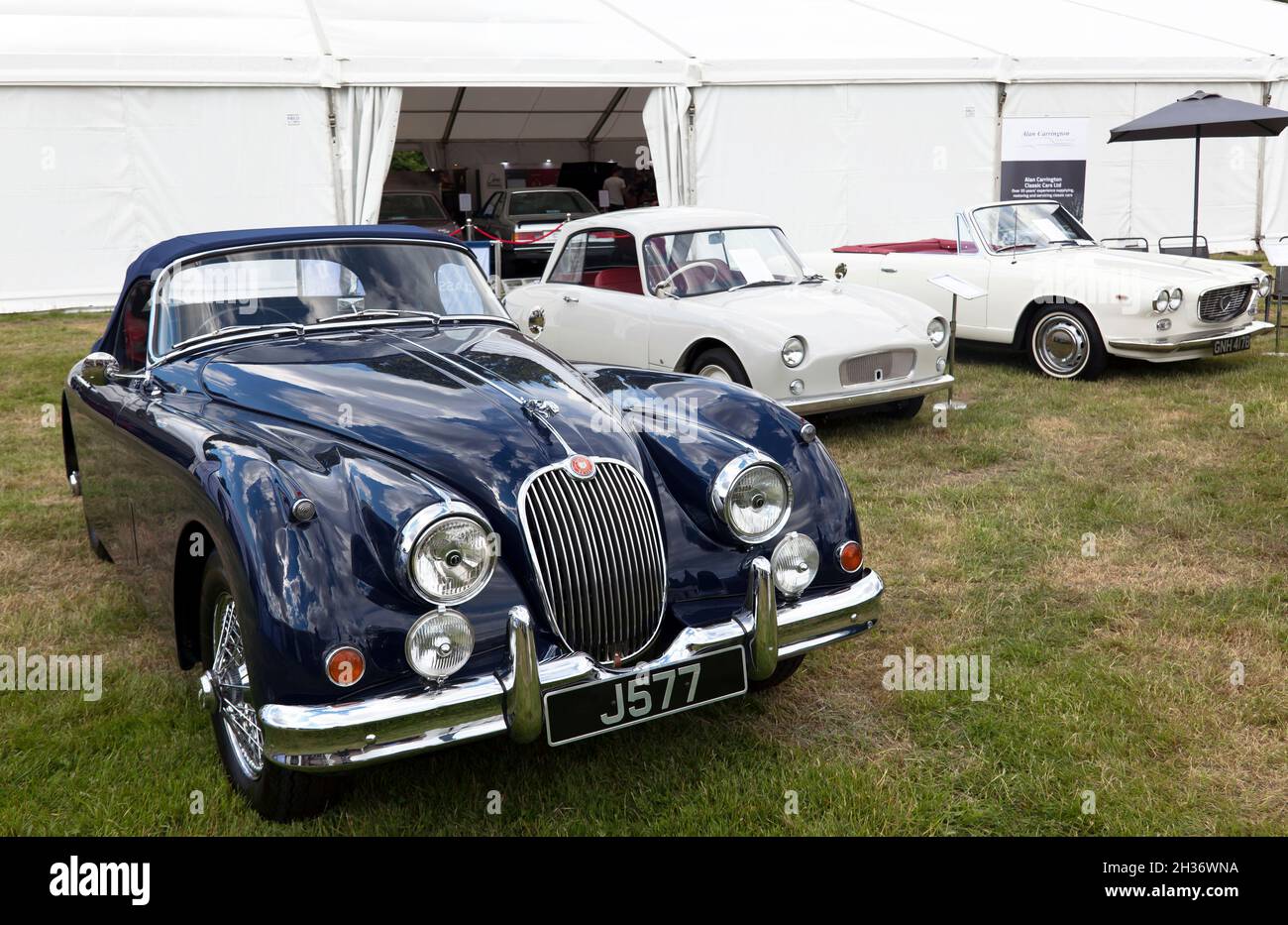 Three-quarters front view of a 1958, Jaguar XJ150S, on display at the ...