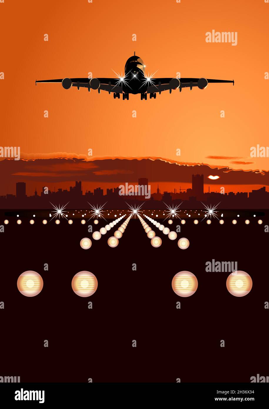 Airliner landing at skyline. Available EPS-10 vector format separated ...