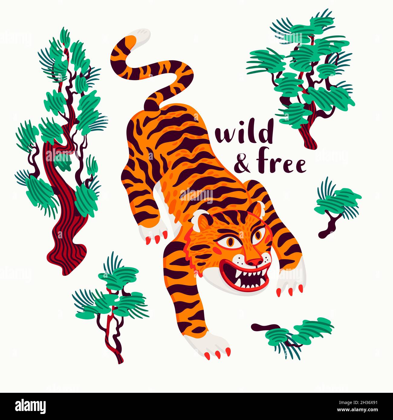 Tiger vector illustration, Wild and free text and cartoon tiger sneak ...