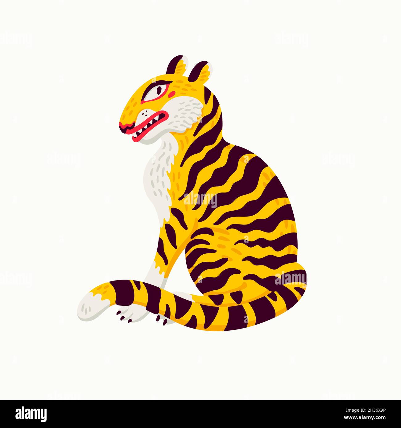 Tiger vector illustration, cartoon yellow tiger sitting with cunning ...
