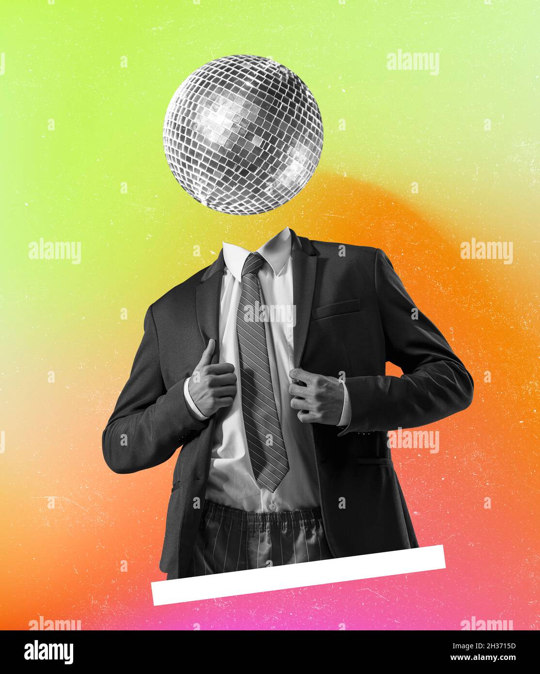 Contemporary art collage of man in official suit with disco ball head ...