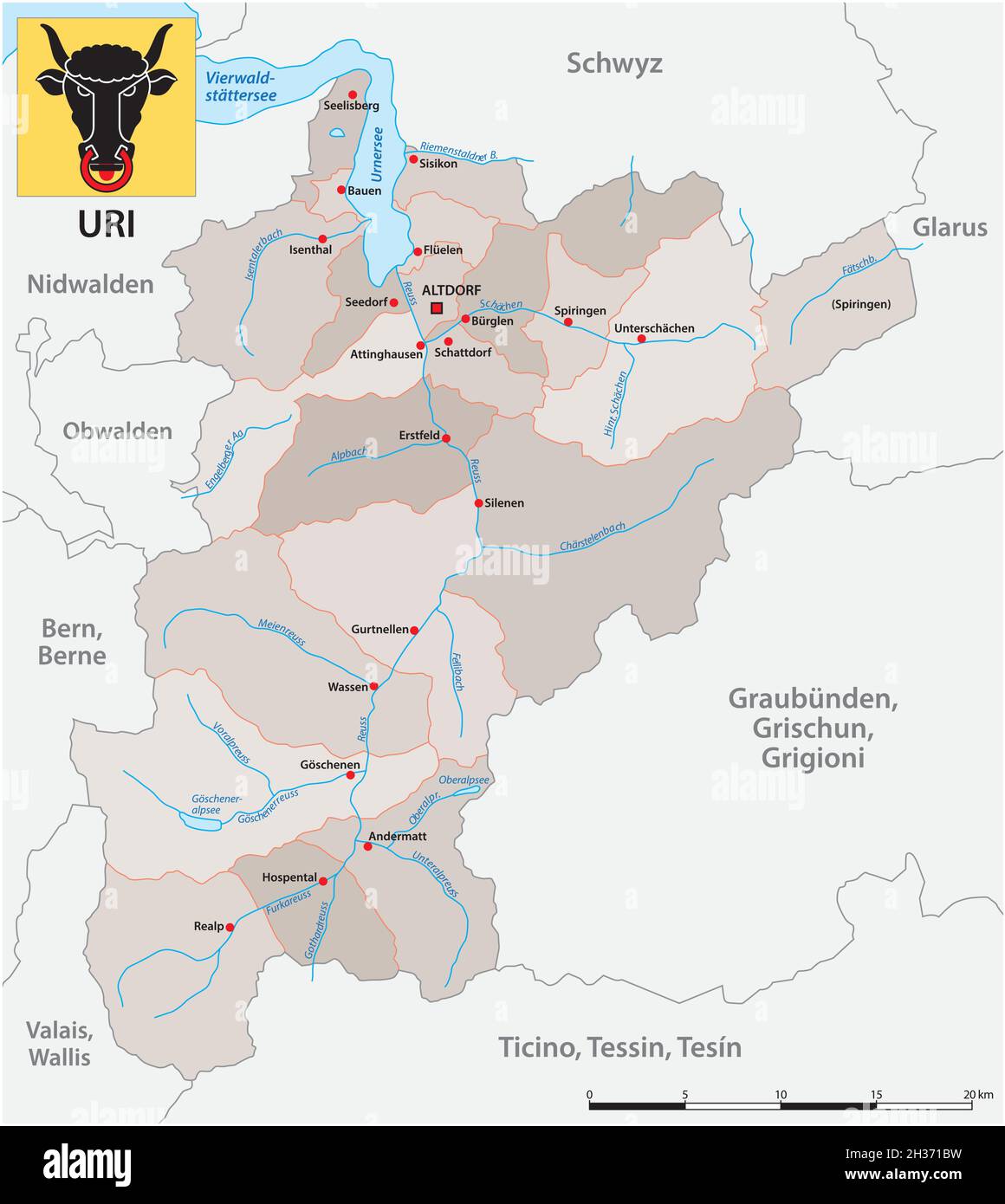 vector administrative map of the Swiss canton of Uri with flag Stock ...